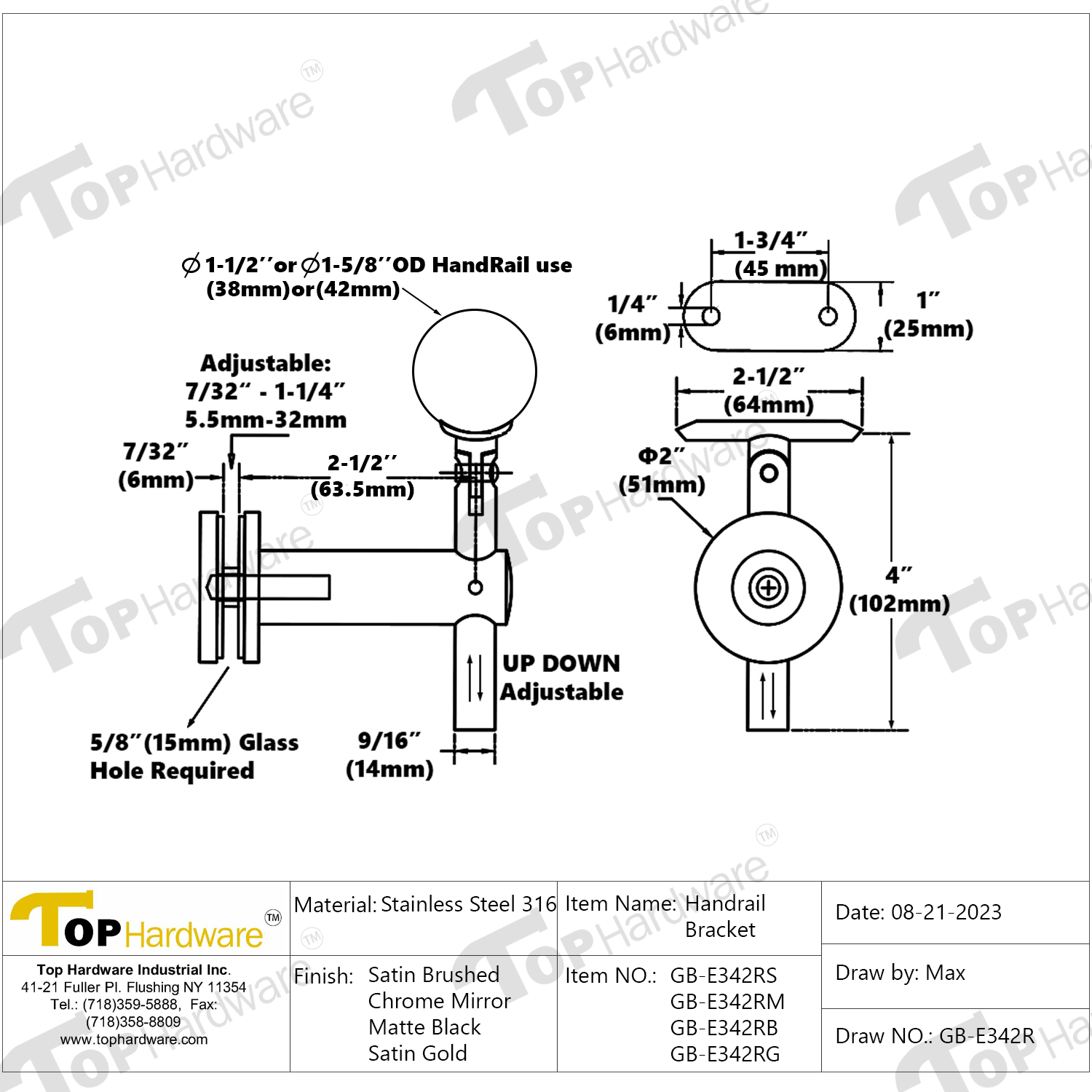 (GB-E342R_) Stainless Steel Glass Mount Adjustable Handrail Bracket for ...